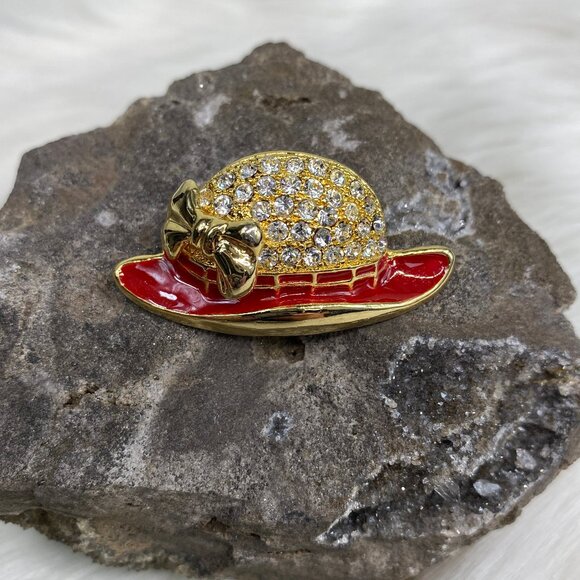 Vintage | Jewelry | Vintage Red Enamel Rhinestone Gold Tone Hat Brooch ...
